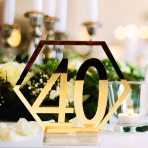 Fashionclubs Table Numbers, 1-40 Wedding Acrylic Table Numbers with Holder Base Party Card Table Holder,Hexagon Shape,Perfect for Wedding Reception and Decoration,Gold