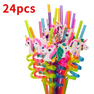 24 Reusable Unicorn Drinking Plastic Straws + 6 Temporary Tattoos for Girls | Birthday Party Supplies - Rainbow Unicorn Party Favors Decorations with 2 Cleaning Brush