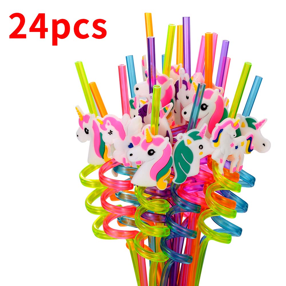 24 Reusable Unicorn Drinking Plastic Straws + 6 Temporary Tattoos for Girls | Birthday Party Supplies - Rainbow Unicorn Party Favors Decorations with 2 Cleaning Brush