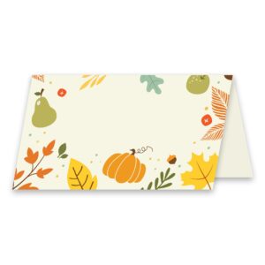 koko paper co thanksgiving place cards with pumpkin and autumn foliage. pack of 50 tent style cards for thanksgiving and other fall, autumn events. no holder necessary.