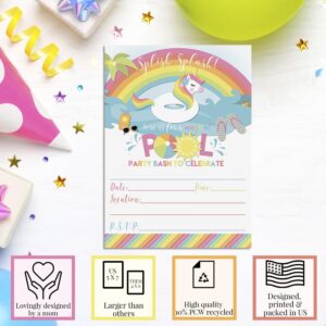 Unicorn Pool Float Rainbow Birthday Party Invitations, 20 5x7 Fill In Cards with Twenty White Envelopes by AmandaCreation