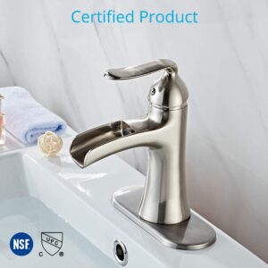 Wovier Brushed Nickel Waterfall Bathroom Sink Faucet with Cover Plate,Single Handle Single Hole Brass Lavatory Vanity Faucet,Basin Mixer Taps with Supply Hose and Pop Up Drain Assembly