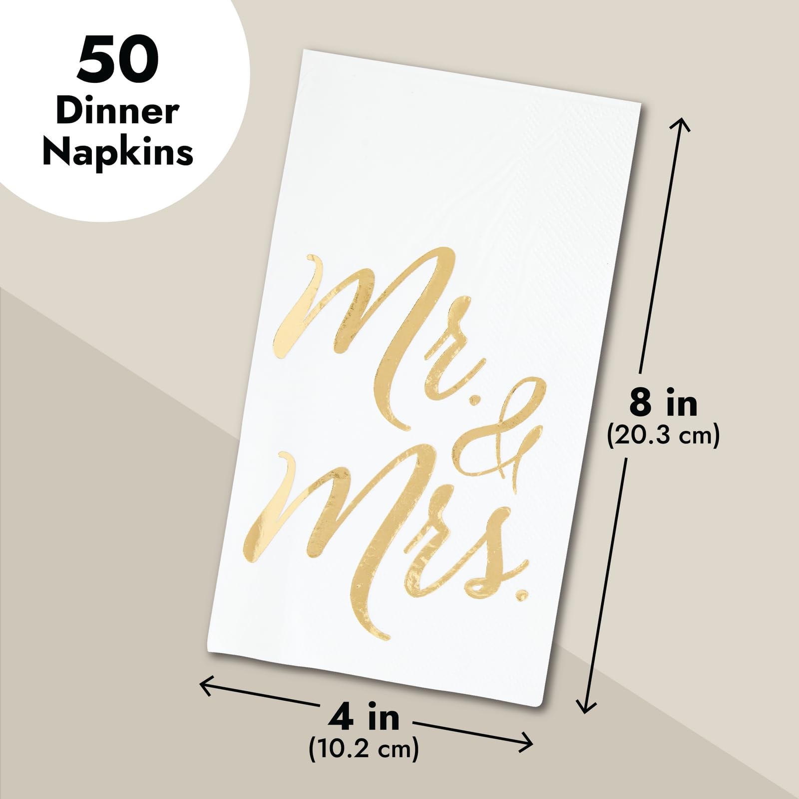 Juvale 50-Pack Mr and Mrs Napkins, Disposable Wedding Dinner Napkins for Reception, Rehearsal Dinner, Bridal Shower, Engagement Party (Gold Foil and White, 3-Ply, 4x8 in)