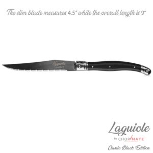 Chopmate Laguiole Premium Steak Knife Set - 4.5 inch - Classic Black Edition - Razor Sharp Kitchen Knives - Forged Stainless Steel - Full Tang Handle - 6 Piece Set + Wood Storage Display Block