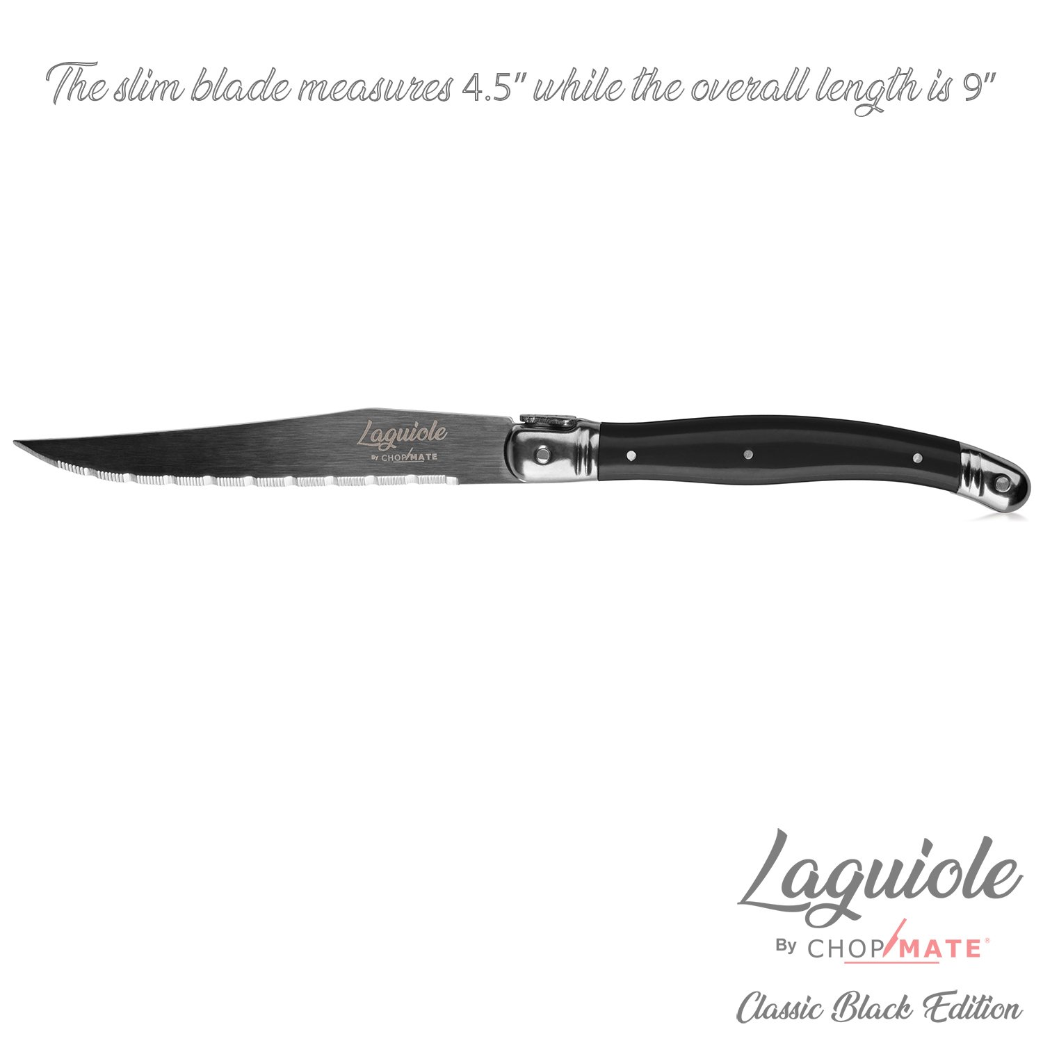 Chopmate Laguiole Premium Steak Knife Set - 4.5 inch - Classic Black Edition - Razor Sharp Kitchen Knives - Forged Stainless Steel - Full Tang Handle - 6 Piece Set + Wood Storage Display Block