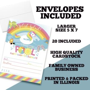 Unicorn Pool Float Rainbow Birthday Party Invitations, 20 5x7 Fill In Cards with Twenty White Envelopes by AmandaCreation