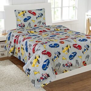 Linen Plus Sheet Set for Boys/Teens Race Cars Flags Champion Grey Yellow Red Blue Black White Flat Sheet Fitted Sheet and Pillow Case Twin Size New