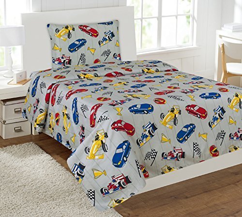 Linen Plus Sheet Set for Boys/Teens Race Cars Flags Champion Grey Yellow Red Blue Black White Flat Sheet Fitted Sheet and Pillow Case Twin Size New