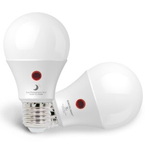 dusk to dawn led bulb with dual daylight sensor · on/off automatic depends on daylight level · 9 watt · 3000k warm white · edison screw e26 · 2 pack