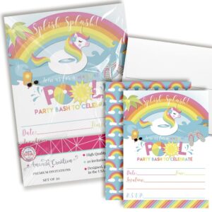 unicorn pool float rainbow birthday party invitations, 20 5x7 fill in cards with twenty white envelopes by amandacreation