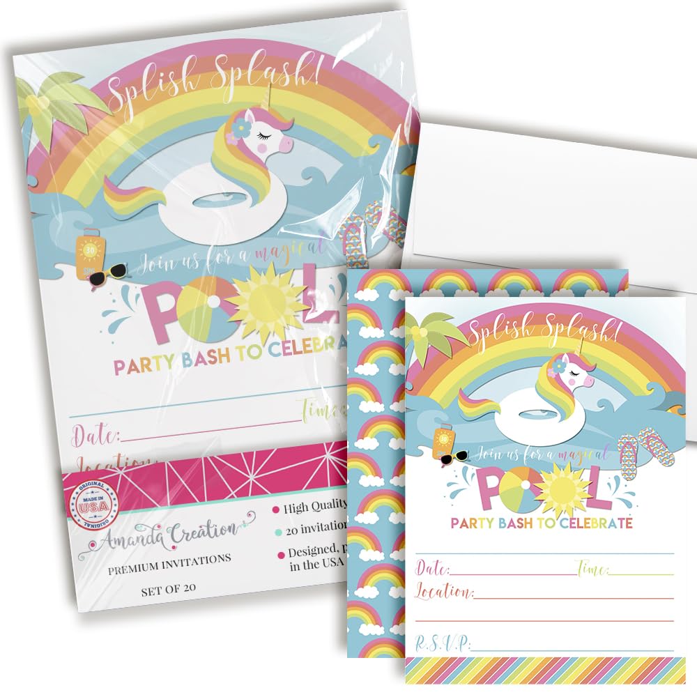 Unicorn Pool Float Rainbow Birthday Party Invitations, 20 5x7 Fill In Cards with Twenty White Envelopes by AmandaCreation