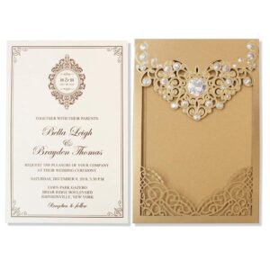 Picky Bride 25-Set Luxury Pocket Wedding Invitations, European-style Ivory Blank Cards, Gold Envelopes and Seals, 127 x 185mm