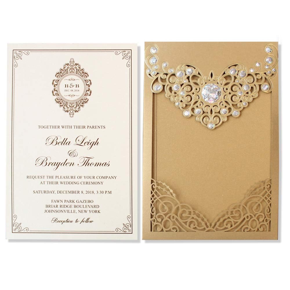 Picky Bride 25-Set Luxury Pocket Wedding Invitations, European-style Ivory Blank Cards, Gold Envelopes and Seals, 127 x 185mm