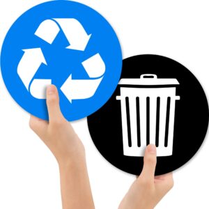 Recycle and Trash Logo Stickers 4 Pack - 6in Circle - for Metal or Plastic Garbage cans, and Bins - Indoor & Outdoor - Laminated and UV Protected Premium Decal (Blue, Medium)