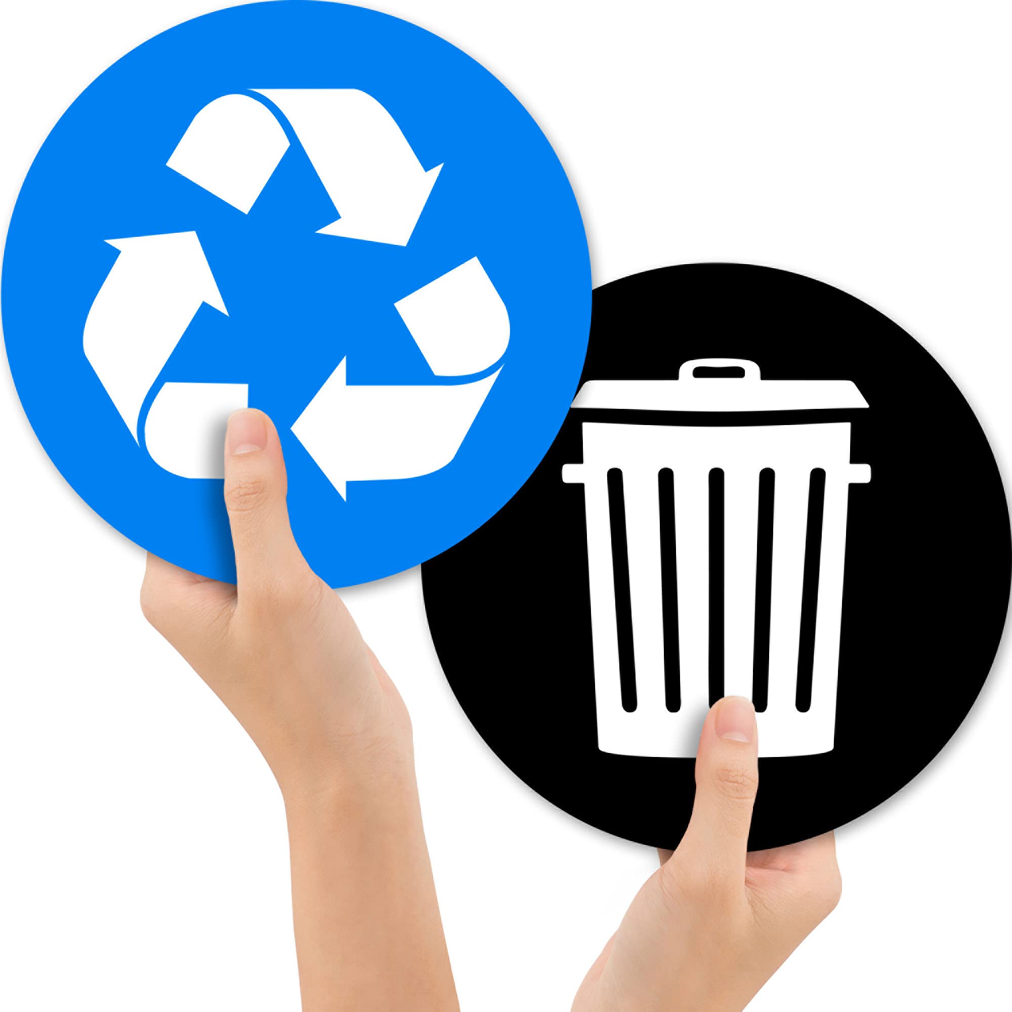 Recycle and Trash Logo Stickers 4 Pack - 6in Circle - for Metal or Plastic Garbage cans, and Bins - Indoor & Outdoor - Laminated and UV Protected Premium Decal (Blue, Medium)