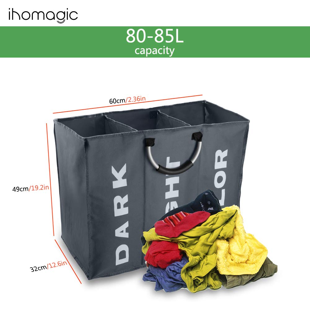 IHOMAGIC 3 Sections Large Laundry Hamper, Laundry Bag Collapsible, Foldable Fabric Clothes Sorter Storage Bag with Carry Handles for Dirty Clothes for Home Bathroom Dormitory 85L 23.6x12.6in Dark Grey