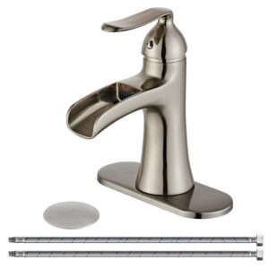 wovier brushed nickel waterfall bathroom sink faucet with cover plate,single handle single hole brass lavatory vanity faucet,basin mixer taps with supply hose and pop up drain assembly