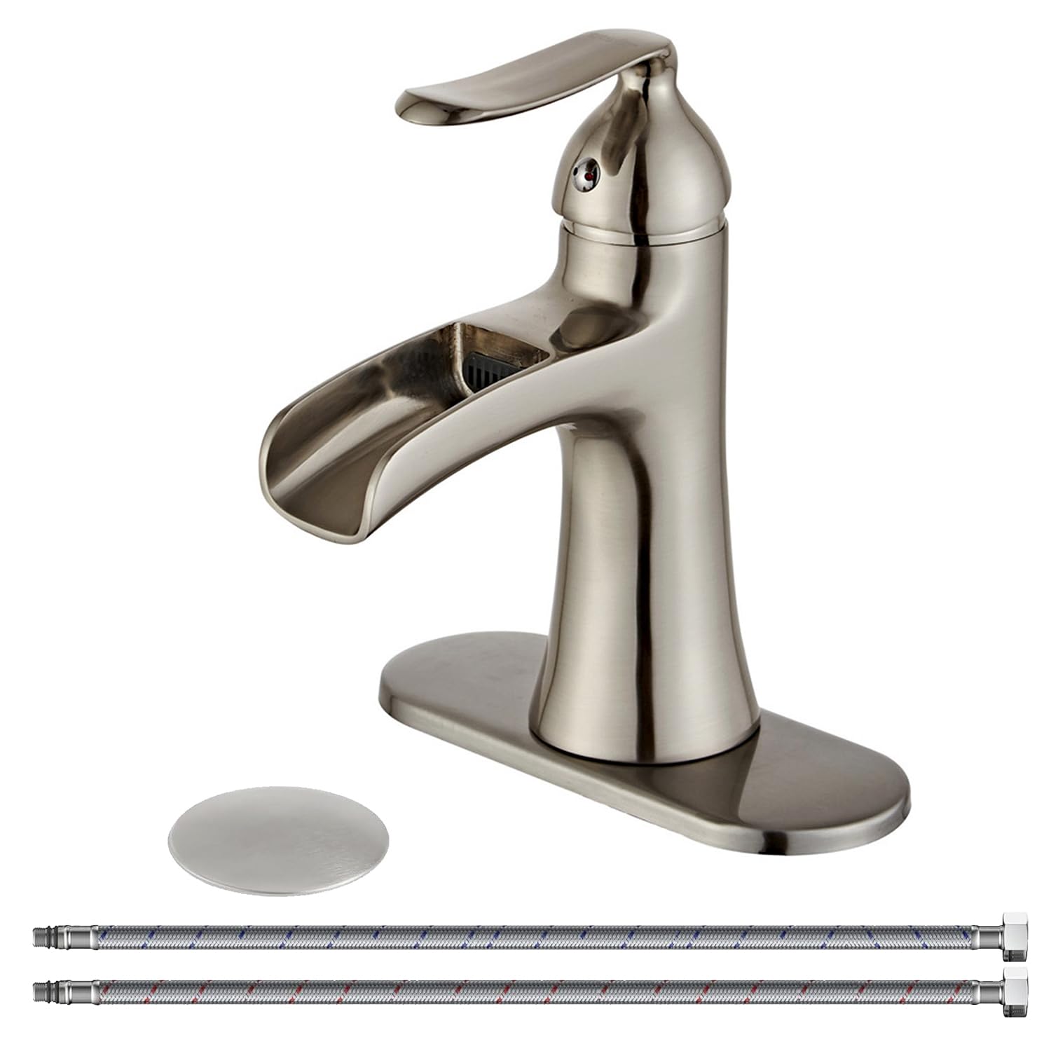 Wovier Brushed Nickel Waterfall Bathroom Sink Faucet with Cover Plate,Single Handle Single Hole Brass Lavatory Vanity Faucet,Basin Mixer Taps with Supply Hose and Pop Up Drain Assembly