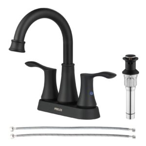 parlos 2-handle bathroom sink faucet high arc swivel spout with metal drain assembly and faucet supply lines, matte black, demeter 14134