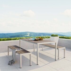 modway shore aluminum outdoor patio 3-piece dining set with 71" rectangle dining table and two 67" benches in silver gray