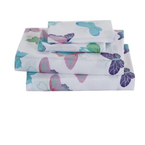 Linen Plus Sheet Set for Girls/Teens/Adults Butterflies Purple White Green Turquoise Pink Butterfly Flat Sheet Fitted Sheet and Pillow case Twin Size New