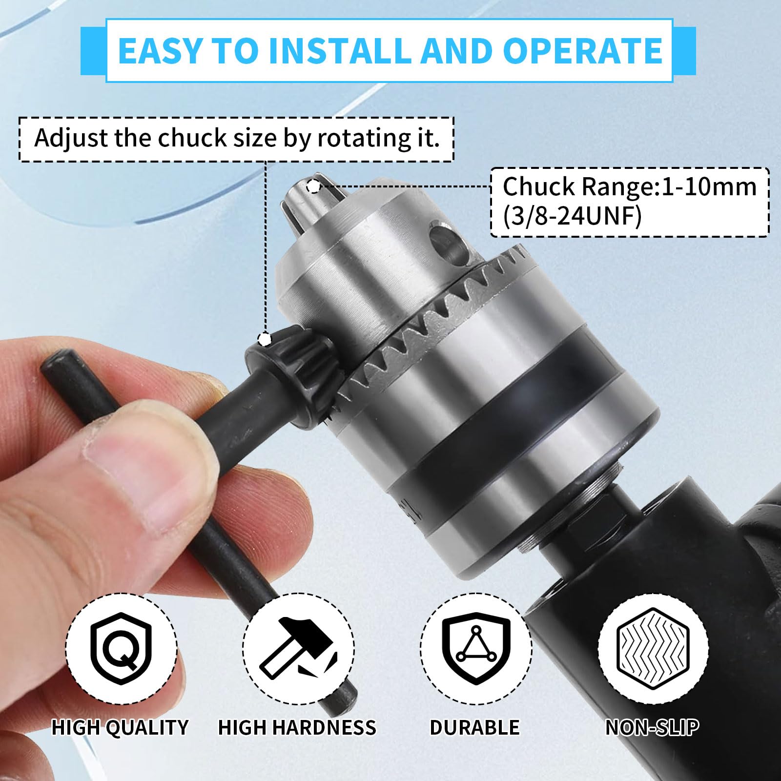 Cordless Right Angle Drill Attachment Adapter,90 Degree Drill Adapter with Handle Chuck 3/8" Keyed Chuck and 8mm Hex Shank Power Tool Attachment (Chuck Range:1-10mm)