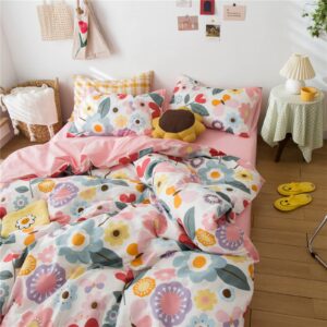 BHUSB 3 Piece Teens Floral Bedding Sets Pink Flowers Print Kids Duvet Cover Set Twin Garden Soft Cotton Comforter Covers for Bedding Collection Twin Set Zipper Closure