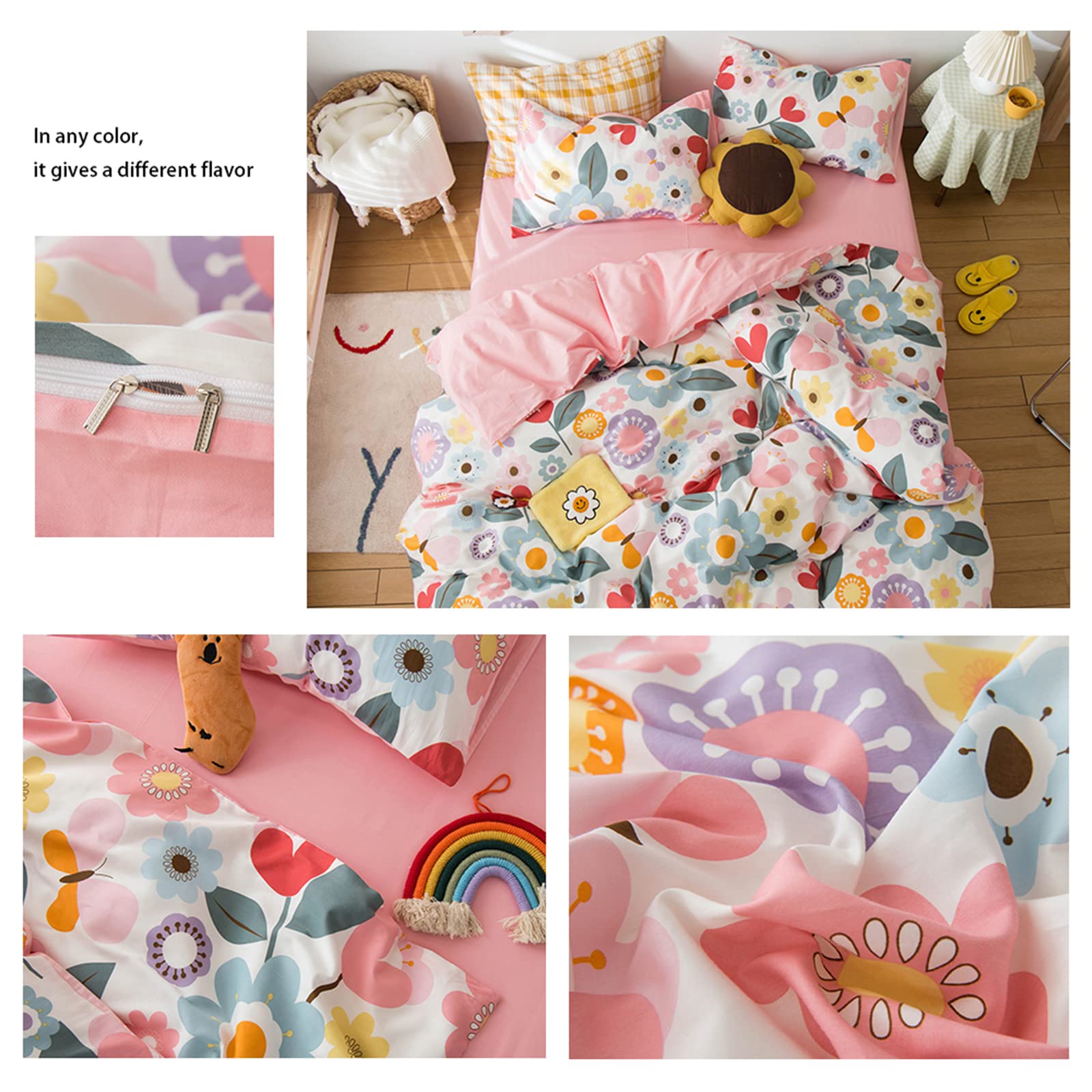 BHUSB 3 Piece Teens Floral Bedding Sets Pink Flowers Print Kids Duvet Cover Set Twin Garden Soft Cotton Comforter Covers for Bedding Collection Twin Set Zipper Closure