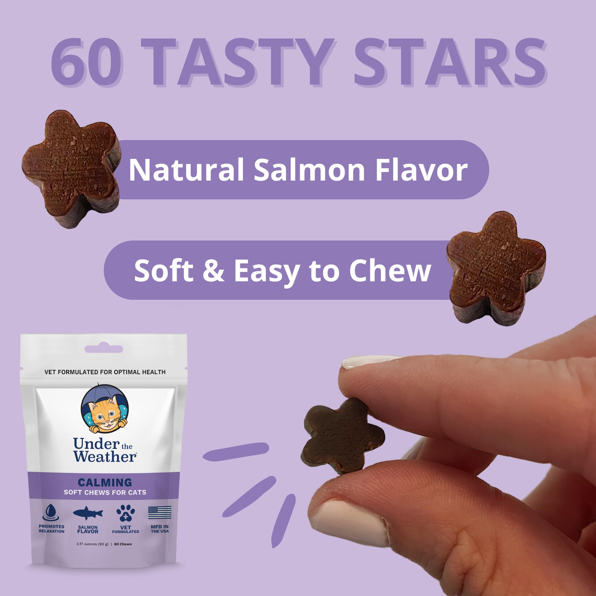 Under the Weather Pet Natural Calming Chews for Cats | Promotes Calmness and Relaxation During Stressful Situations | 60 Star Shaped Soft Chews