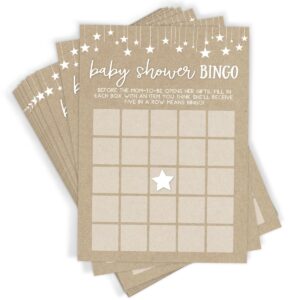 printed party baby shower games – bingo game for boy or girl, rustic kraft paper theme, 50 cards