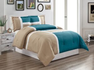 grandlinen 3-piece teal blue/grey/white color stripe duvet cover set, queen size includes 1 cover and 2 shams - brushed microfiber - luxury, ultra soft and durable