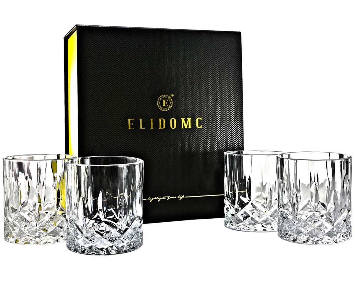 ELIDOMC 11Oz Old Fashioned Glasses With Luxury Giftbox, Unique Lead Free Cocktail Glass, Crystal Clear Whiskey Glasses for Men (Set of 4)