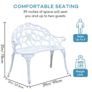 Sun-Ray Outdoor Patio Bench with Rose Detail in White, Cast Aluminum and Cast Iron Bench for Garden, Park, Patio, & Deck