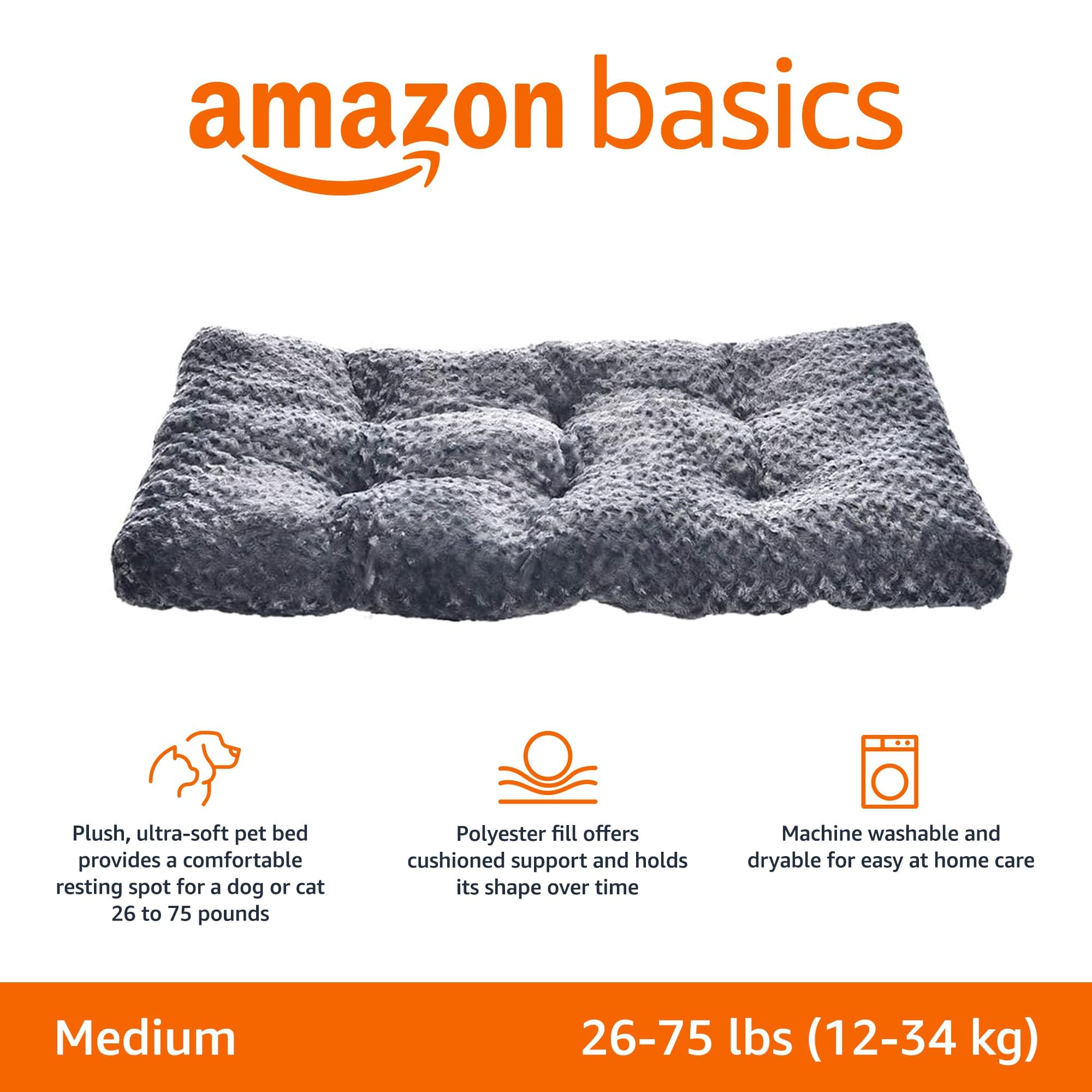 Amazon Basics Cat and Dog Bed and Crate Pad, Machine Washable, Indoor, 35 x 23 x 3 inches, Gray