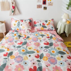 BHUSB 3 Piece Teens Floral Bedding Sets Pink Flowers Print Kids Duvet Cover Set Twin Garden Soft Cotton Comforter Covers for Bedding Collection Twin Set Zipper Closure