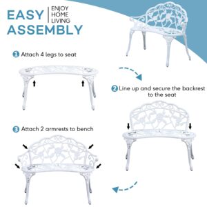 Sun-Ray Outdoor Patio Bench with Rose Detail in White, Cast Aluminum and Cast Iron Bench for Garden, Park, Patio, & Deck