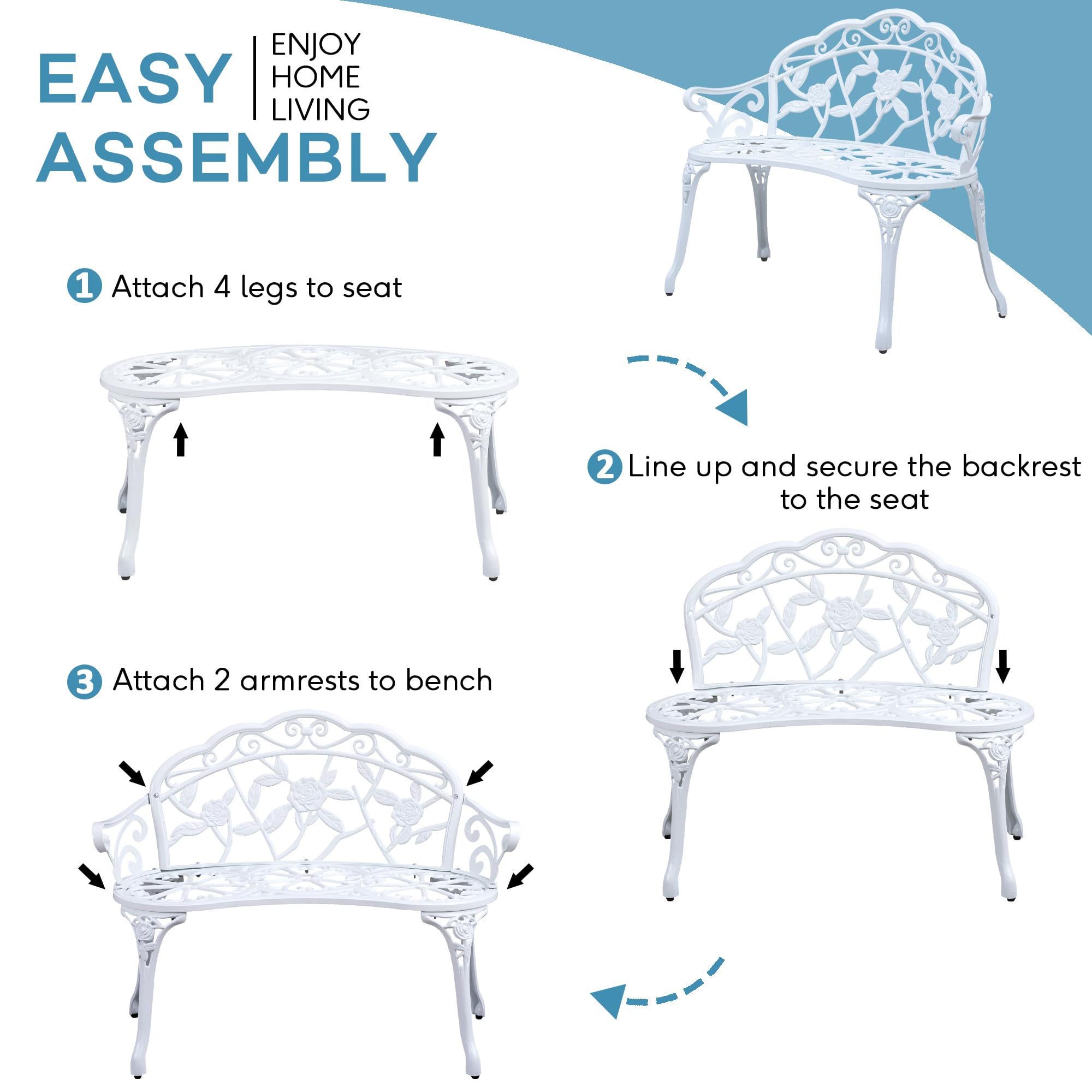 Sun-Ray Outdoor Patio Bench with Rose Detail in White, Cast Aluminum and Cast Iron Bench for Garden, Park, Patio, & Deck