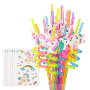 24 reusable unicorn drinking plastic straws + 6 temporary tattoos for girls | birthday party supplies - rainbow unicorn party favors decorations with 2 cleaning brush