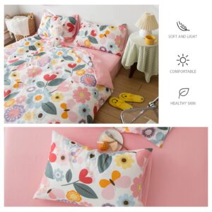 BHUSB 3 Piece Teens Floral Bedding Sets Pink Flowers Print Kids Duvet Cover Set Twin Garden Soft Cotton Comforter Covers for Bedding Collection Twin Set Zipper Closure