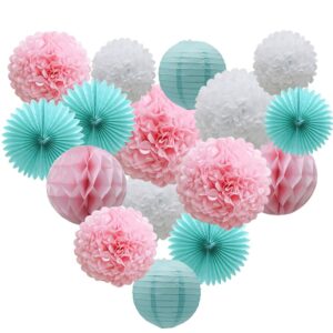 teal party supplies for bridal baby shower first birthday party wedding decorations (16pcs) paper honeycomb ball pom poms flowers paper lanterns hanging tissue fan