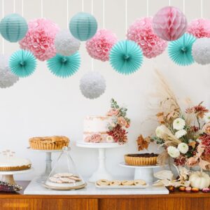 Teal Party Supplies for Bridal Baby Shower First Birthday Party Wedding Decorations (16pcs) Paper Honeycomb Ball Pom Poms Flowers Paper Lanterns Hanging Tissue Fan