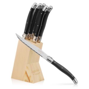 chopmate laguiole premium steak knife set - 4.5 inch - classic black edition - razor sharp kitchen knives - forged stainless steel - full tang handle - 6 piece set + wood storage display block