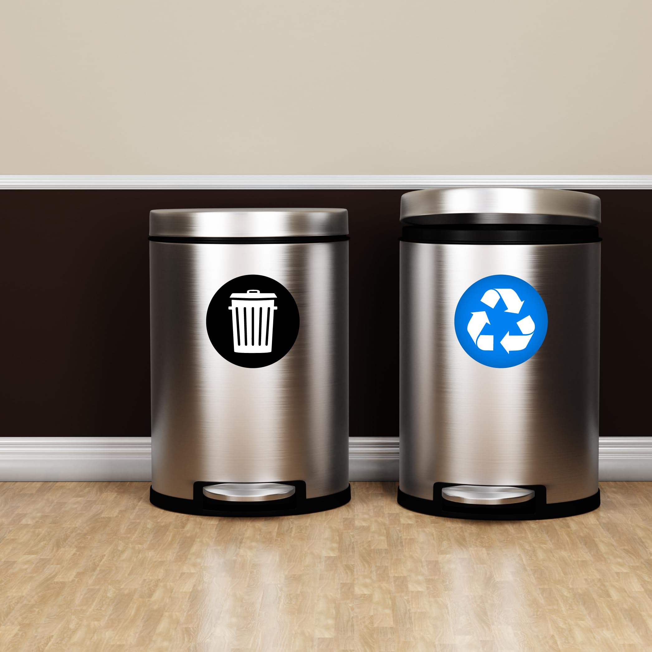 Recycle and Trash Logo Stickers 4 Pack - 6in Circle - for Metal or Plastic Garbage cans, and Bins - Indoor & Outdoor - Laminated and UV Protected Premium Decal (Blue, Medium)