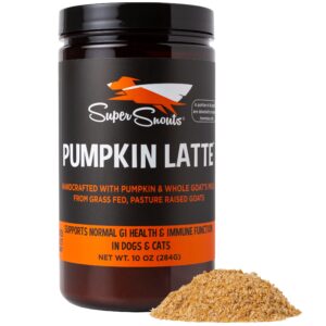 super snouts pumpkin latte digestive supplement for dogs & cats, pumpkin powder with goat’s milk, made in usa antibiotic free, healthy gut & stool, 10 oz