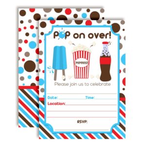 pop on over soda and popcorn birthday party invitations, 20 5x7 fill in cards with twenty white envelopes by amandacreation