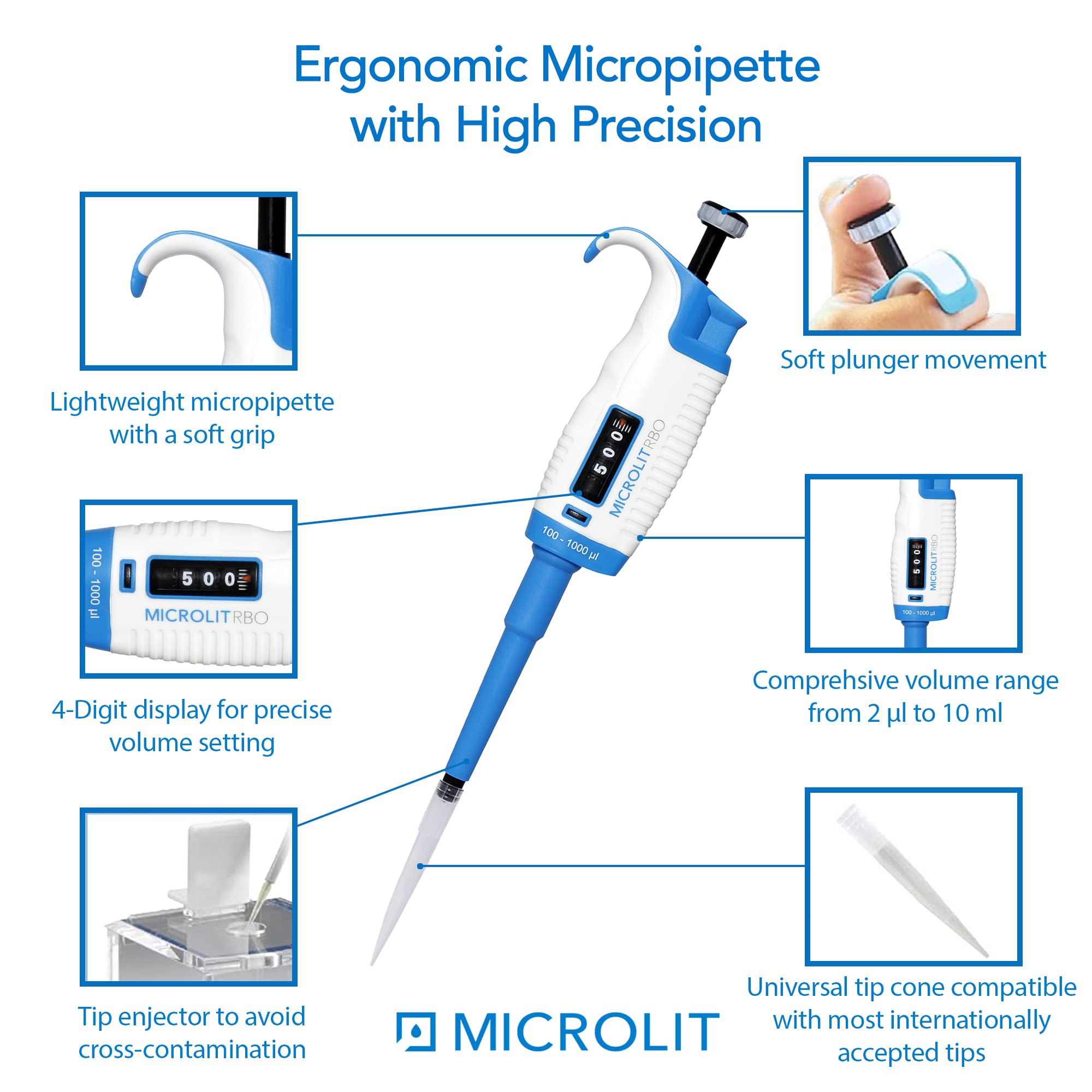 MICROLIT - 3-Piece Pipettes Set, Pipettes with Adjustable Volume, Highly Calibrated and Accurate Micropipette Set with 0.5-10ul, 10-100ul and 100-1000ul Liquid Capacity