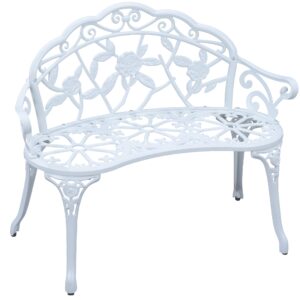 sun-ray outdoor patio bench with rose detail in white, cast aluminum and cast iron bench for garden, park, patio, & deck