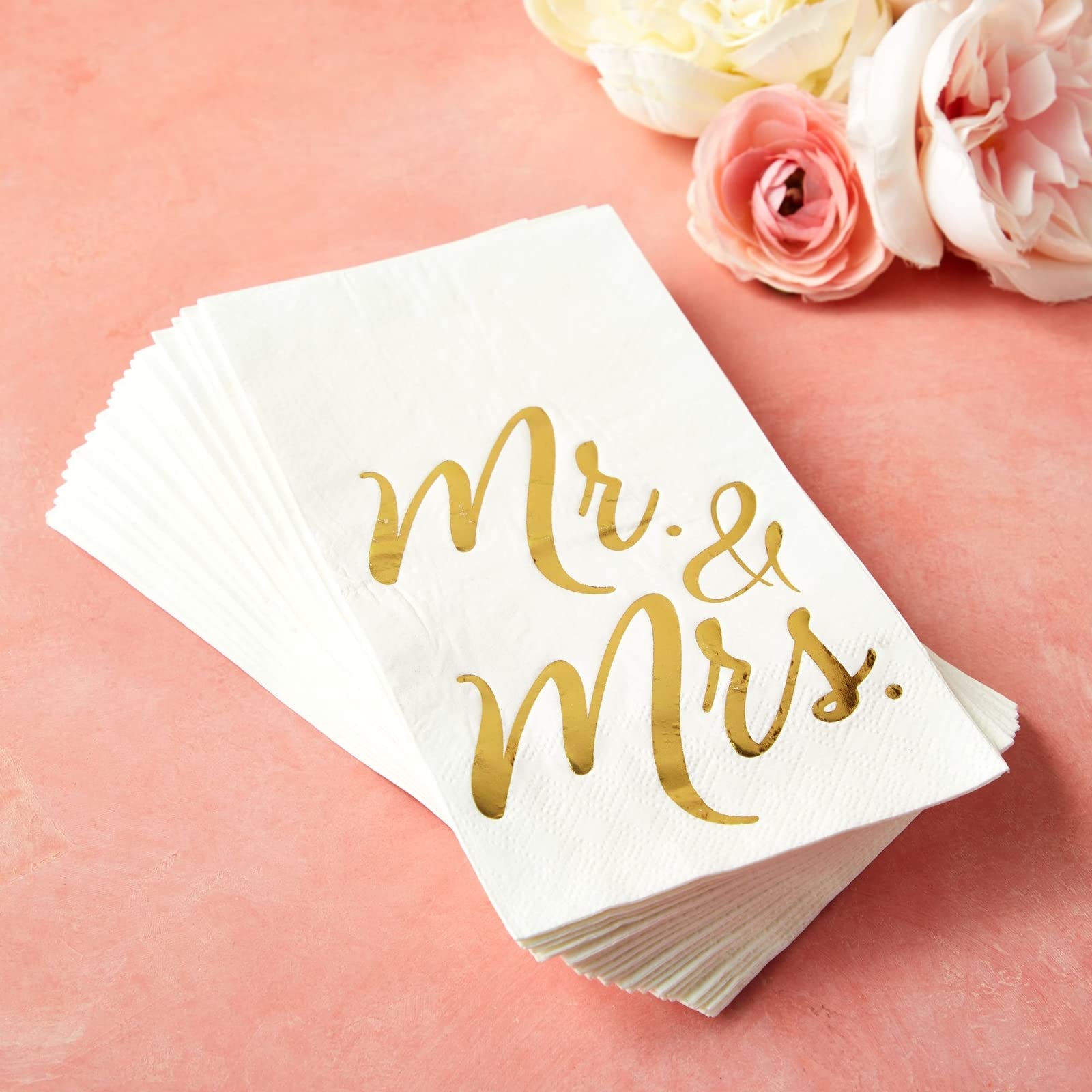 Juvale 50-Pack Mr and Mrs Napkins, Disposable Wedding Dinner Napkins for Reception, Rehearsal Dinner, Bridal Shower, Engagement Party (Gold Foil and White, 3-Ply, 4x8 in)