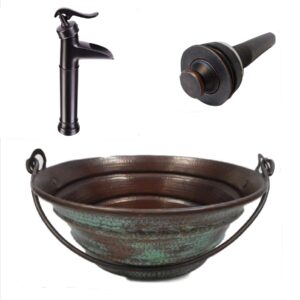 simplycopper 15" round copper bucket vessel bath sink green patina exterior with faucet