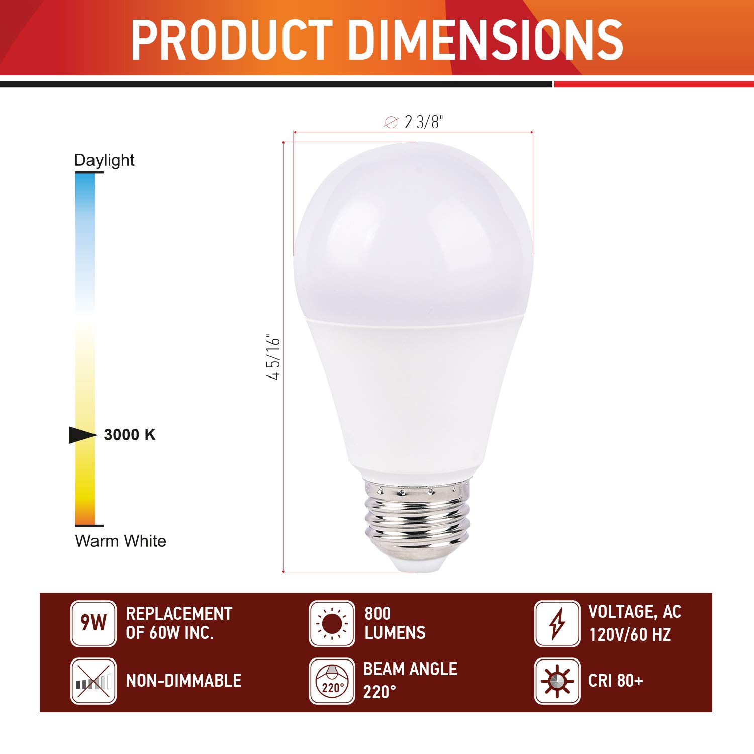 OSTWIN 9W LED Light Bulb 60 Watt, E26 Light Bulb, A19 3000k Warm White, 800 Lumens, CRI80 Daylight, Non-Dimmable, UL Listed 6 Pack